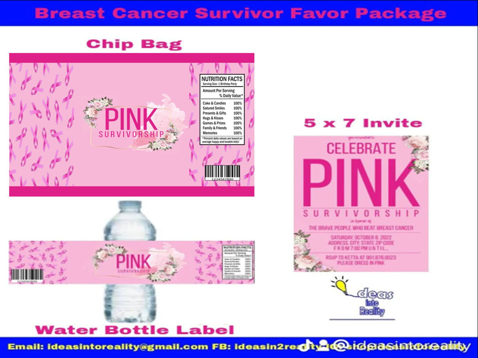 Breast Cancer Survivors Awareness Editable Chip Bag Invitation Water Bottle Labels PINK DIY ...