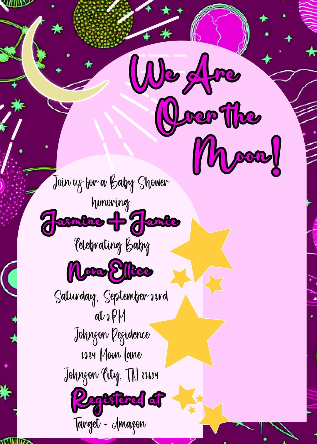 Pink Over the Moon Baby Shower Invitation (digital Download) - Etsy