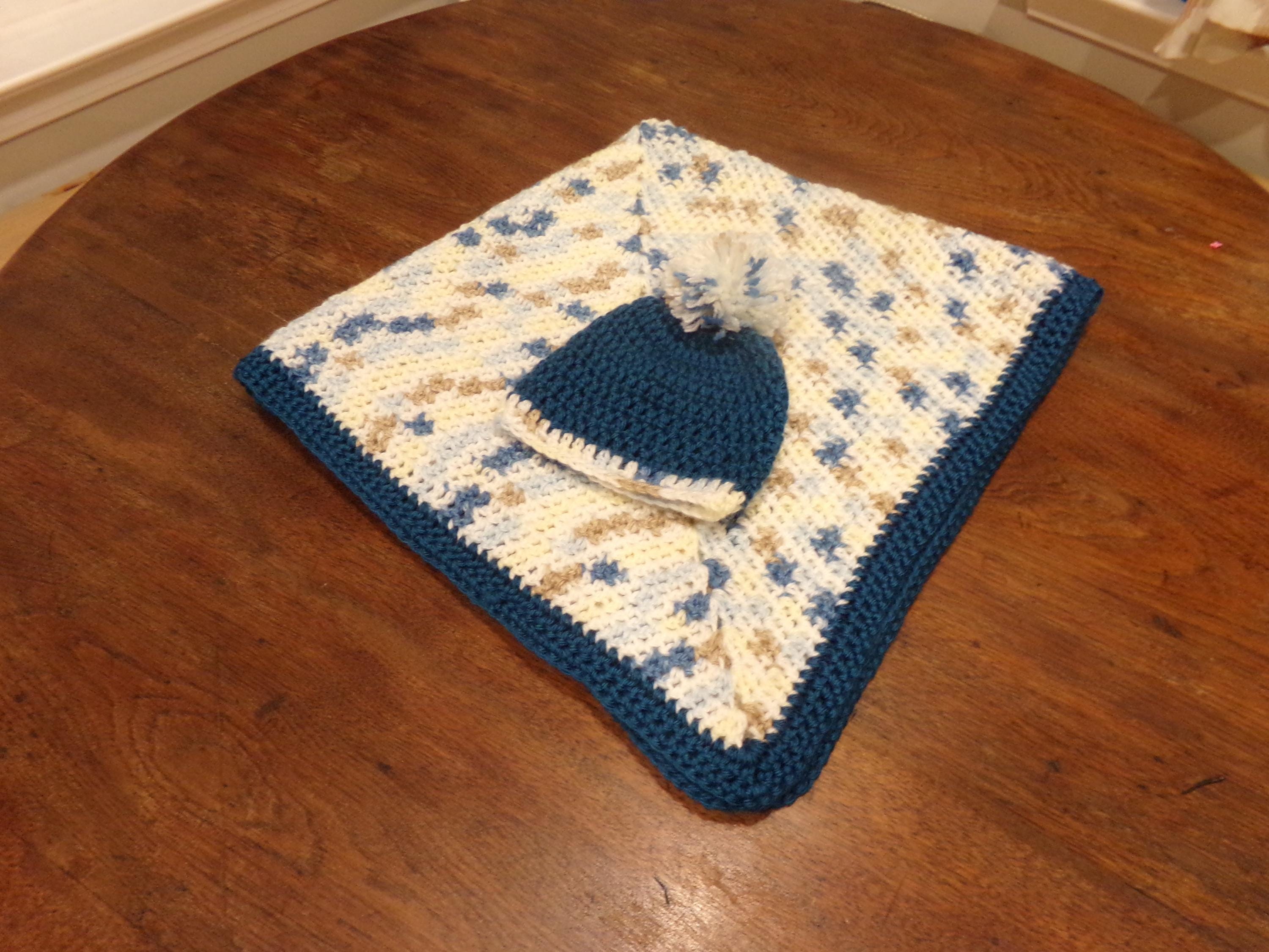 Blue Crochet Baby Blanket With Matching Hat - Etsy