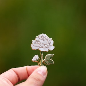 TheGrayMuse White Rose Floral Enamel Pin June Birth Month Flower Accessory Nature Jewelry Gifts Botanical Lapel Brooch Remembrance Gift Valentines