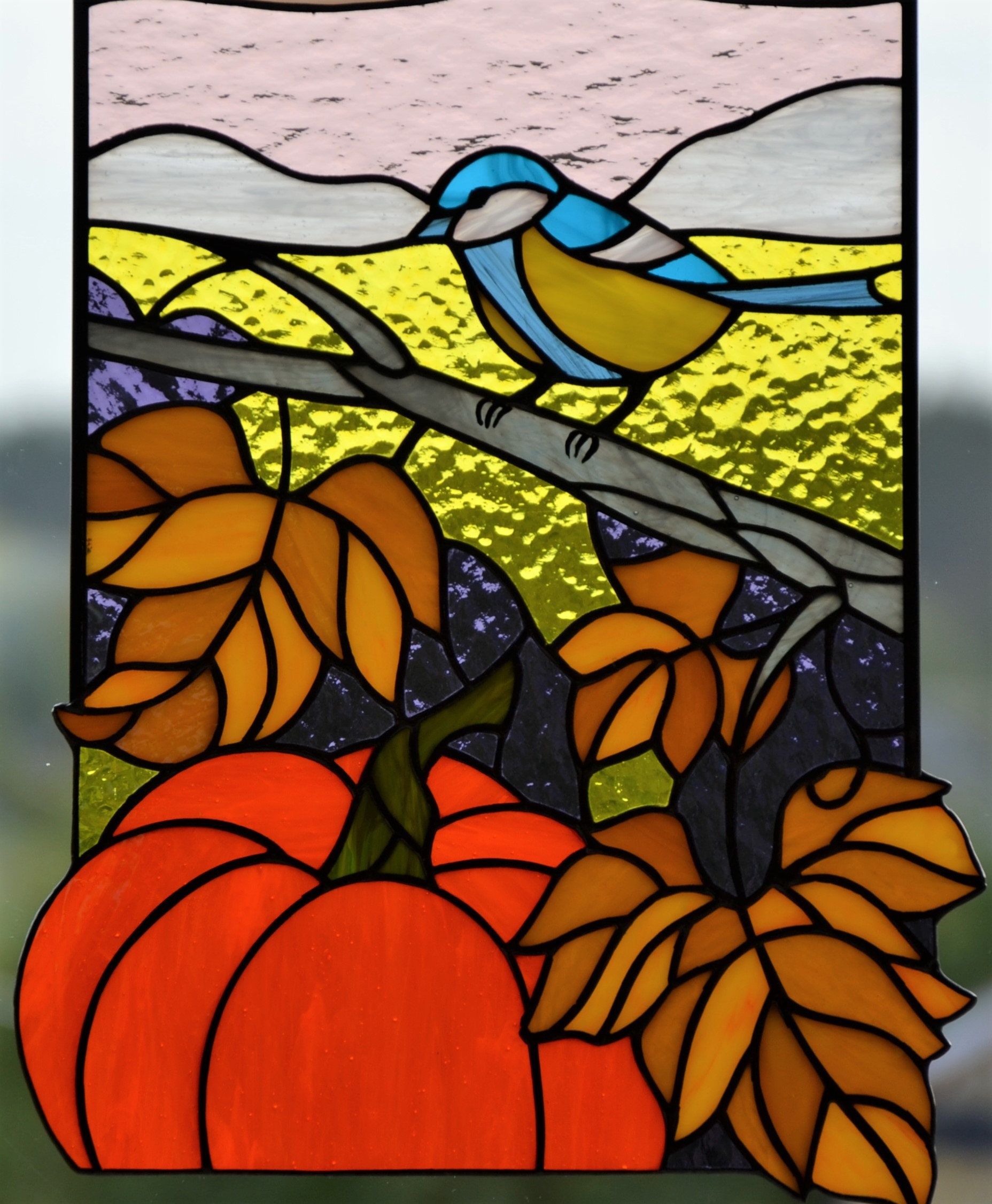 Stained Glass Panel Fall Window Hanging Suncatcher Glass Tomtit Stain ...