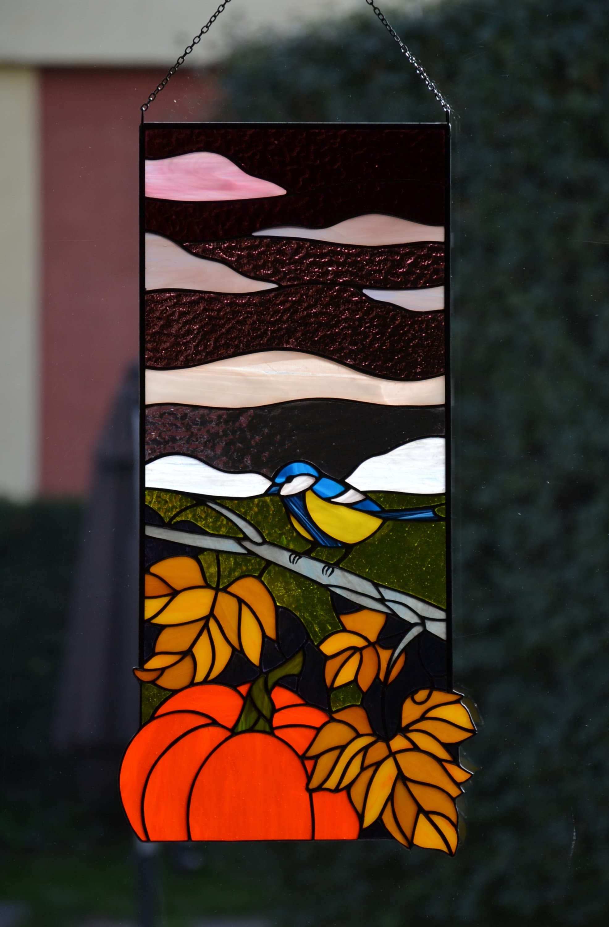 Stained Glass Panel Fall Window Hanging Suncatcher Glass Tomtit Stain ...