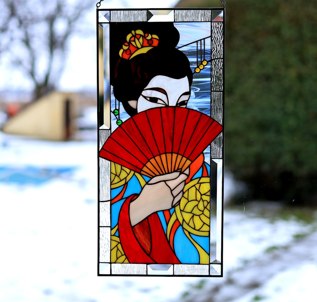 Geisha Stained Glass Panel Window Hanging Suncatcher Unique Handmade ...
