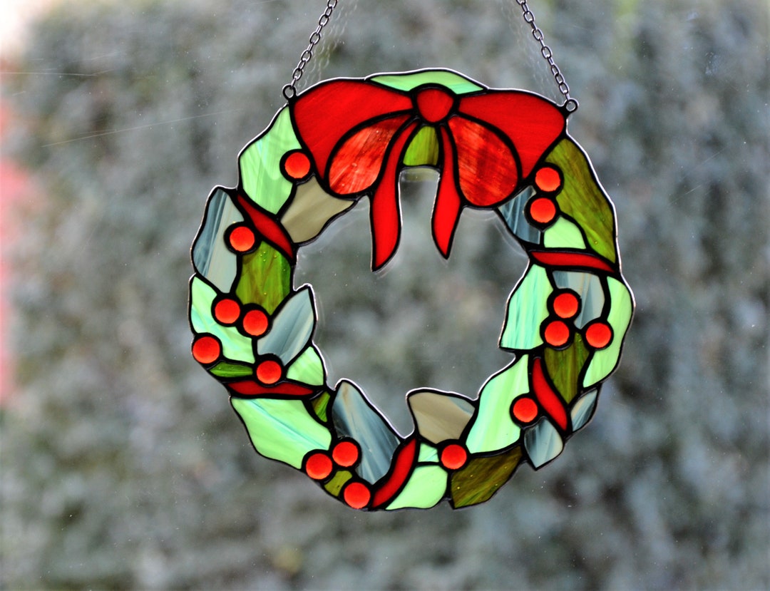 Stained Glass Window Hanging Christmas Wreath Suncatcher Wall Decor ...