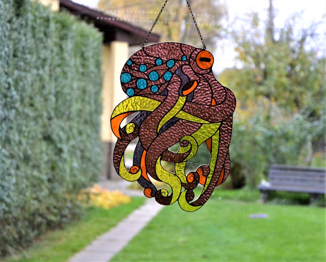 Stained Glass Octopus Suncatcher Window Hanging Panel Stained Glass ...