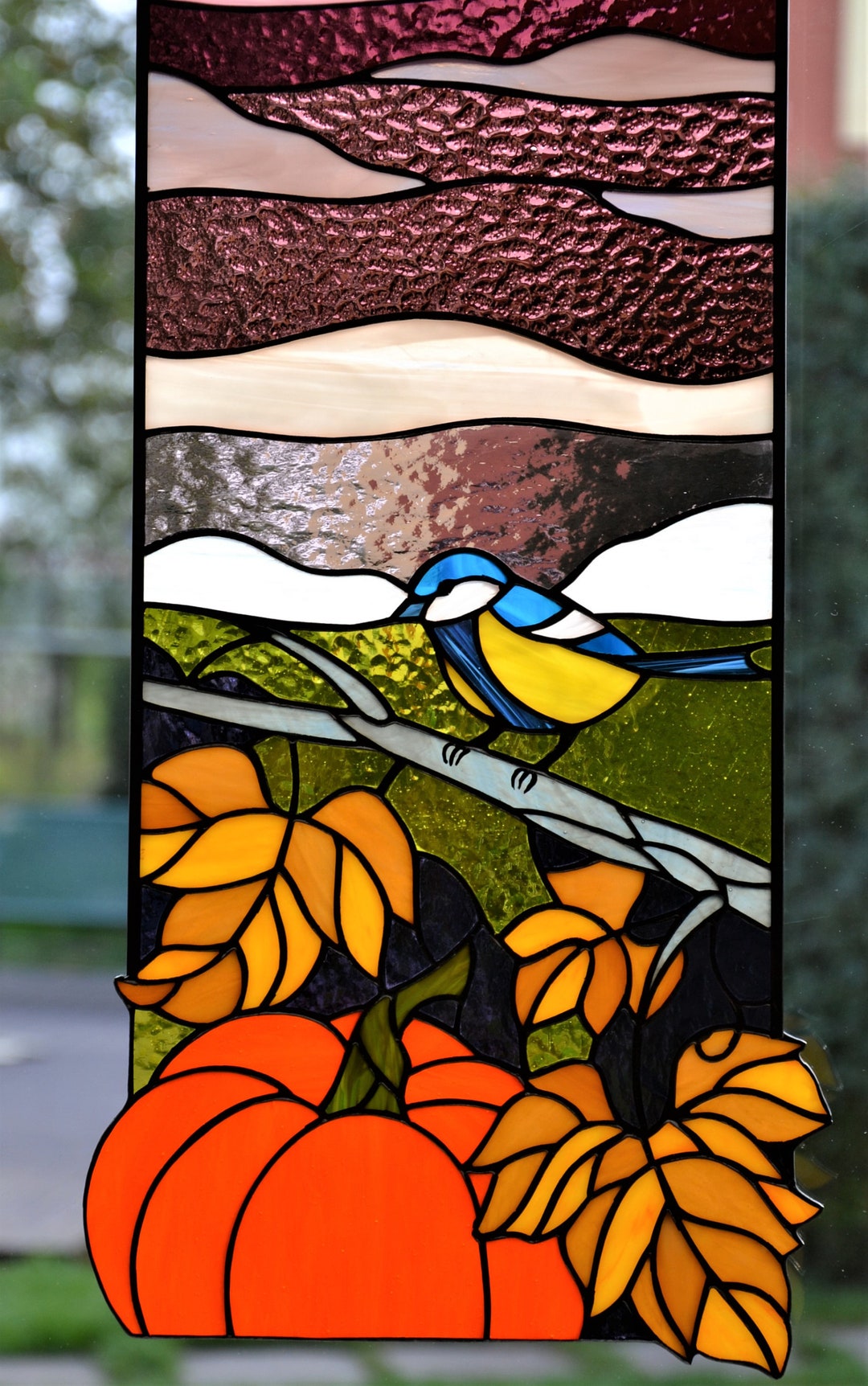 Stained Glass Panel Fall Window Hanging Suncatcher Glass Tomtit Stain ...