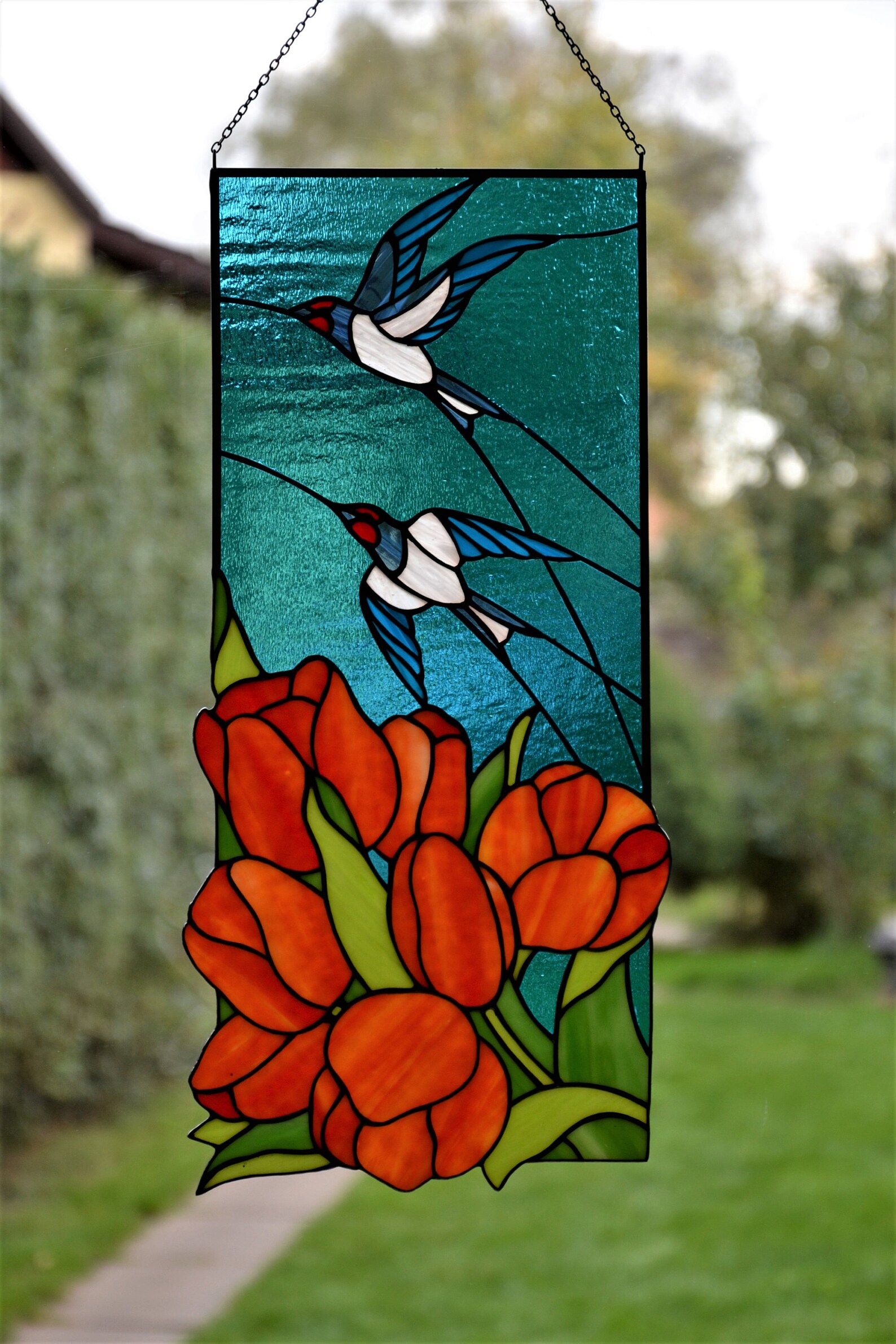 Spring Stained Glass Panel Glass Birds Glass Flowers Tulips - Etsy