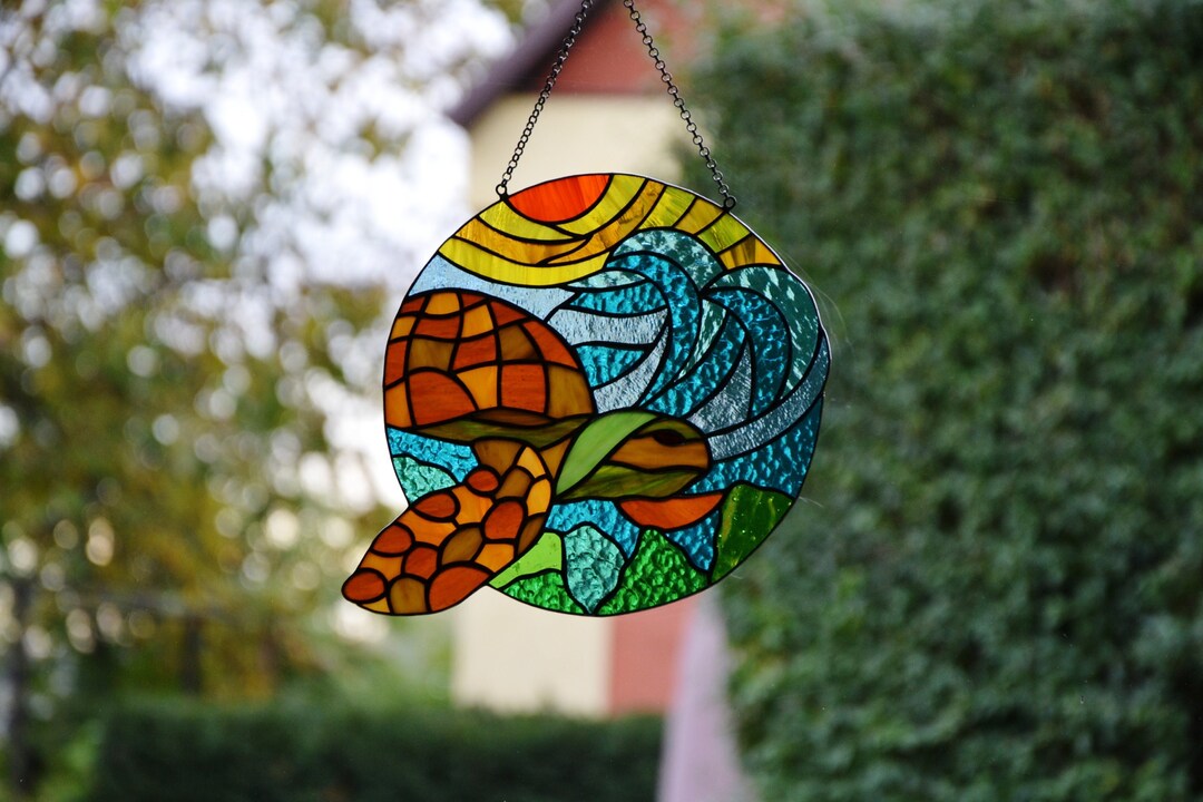 Stained Glass Panel Ocean Turtle Stain Glass Landscape Window ...