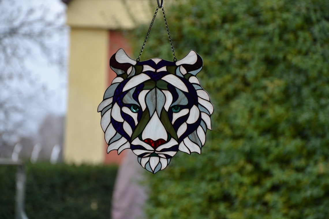 White Tiger Stained Glass Suncatcher Window Hanging Panel Gift Ror Him ...
