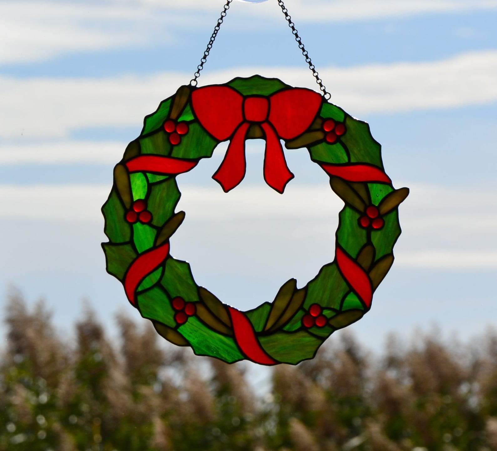 Christmas wreath suncatcher Stained glass window hanging Glass | Etsy