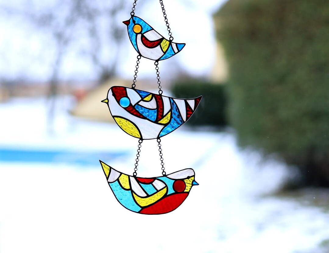 Stained Glass Birds Window Hanging Suncatcher Leaded Glass Vibrant ...