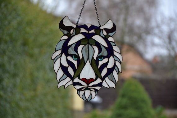 White Tiger Stained Glass Suncatcher Window Hanging Panel - Etsy