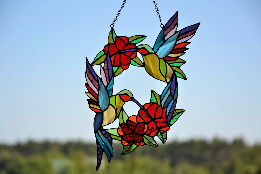 Stained Glass Suncatcher Hummingbirds and Flowers Wreath Mother’s Day ...