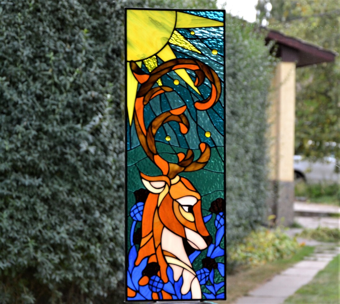 Stained Glass Door Panel Deer in Thistle Stained Glass Window Hanging ...