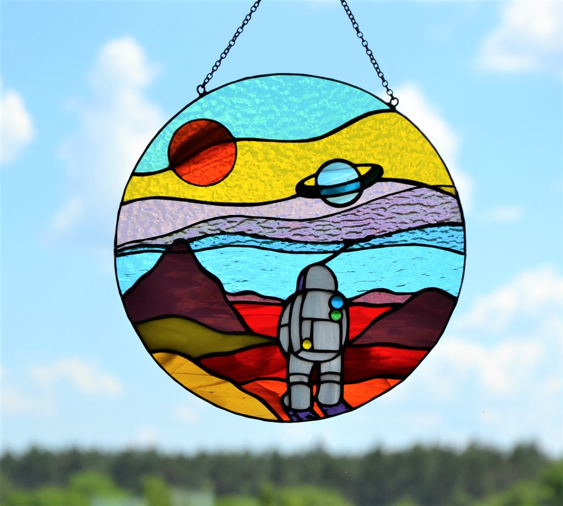 Space Landscape Stained Glass Suncatcher Window Hanging Sun - Etsy