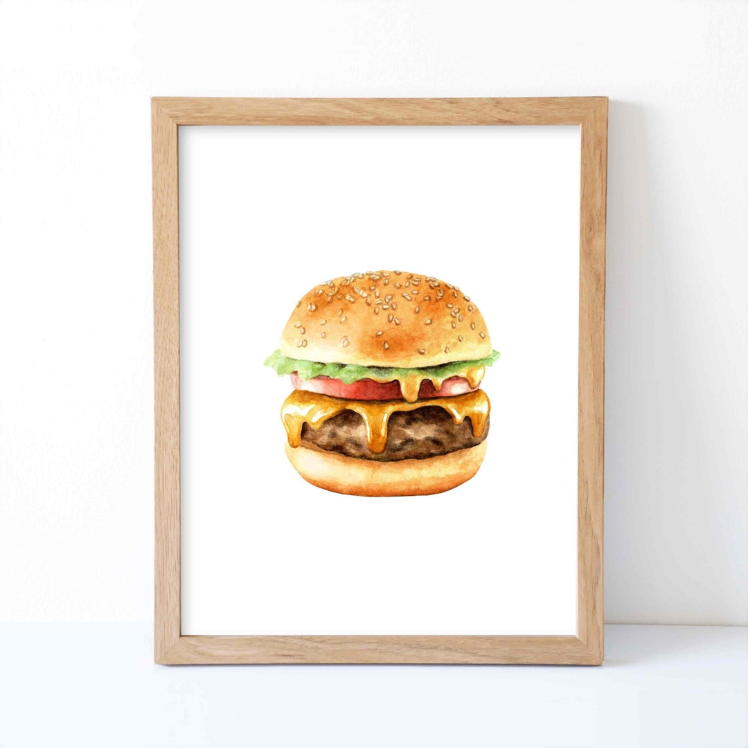 Watercolor Cheeseburger Print, Cheeseburger Wall Decor, Food Art, Food ...