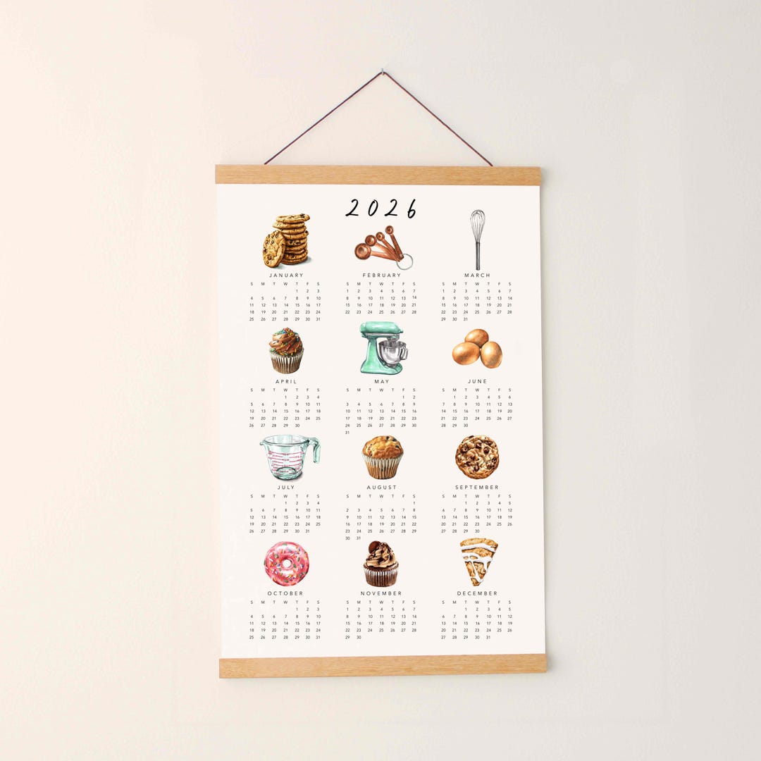 2026 Baking Desserts Watercolor Calendar Poster, Monthly Wall Planner ...