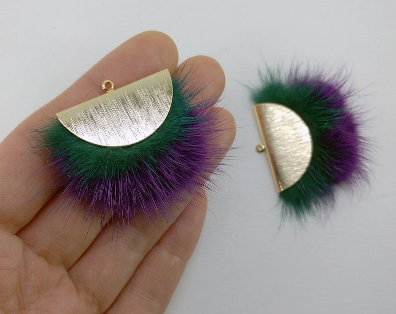 2 Pcs Double Fur Fan 40mm Teal & Purple Naturalr Genuine - Etsy