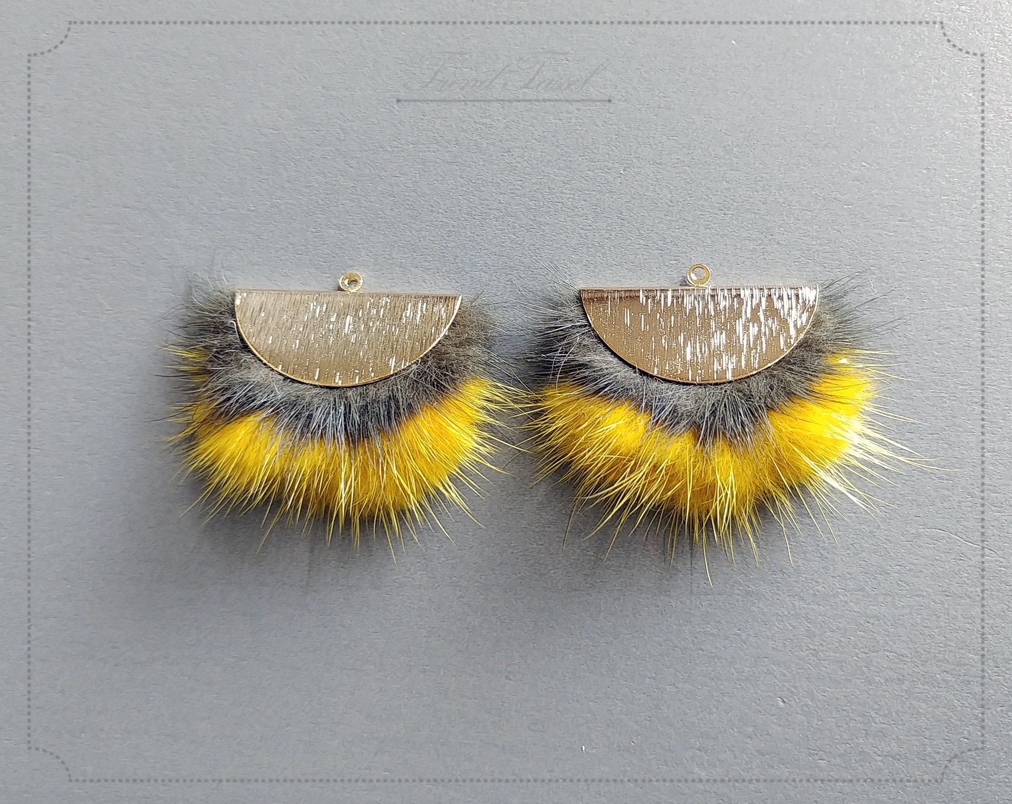 2 Pcs - Double Fur Fan, 40mm Khaki & Yellow, Naturalr Genuine Mink Pom ...