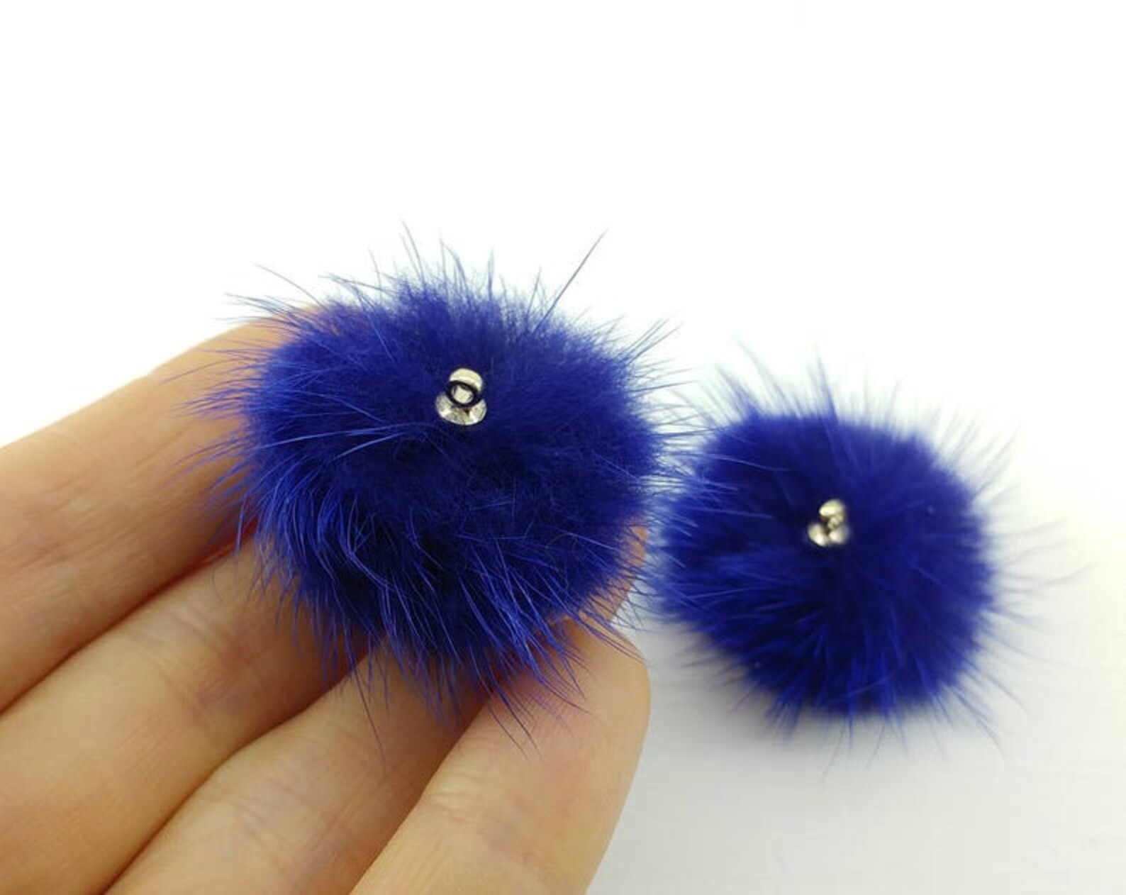 2 PCS - (ring) Royal Blue, 30mm Mink Fur Ball, Natural Real Genuine ...