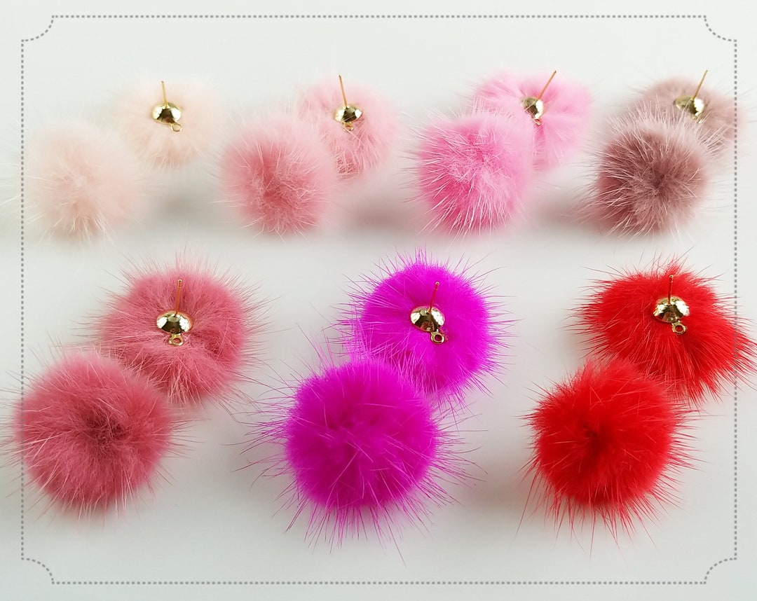 2 PCS - (brass Stud) Pink Red Ruby 30mm Mink Fur Ball With Post, Real ...