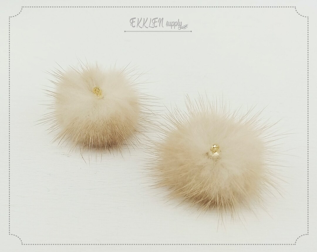 2 PCS - (ring) Natural Beige, 30mm Mink Fur Ball, Real Genuine Pompom ...