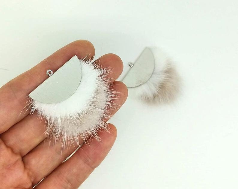 2 Pcs - Double Fur Fan, 40mm White & Milk Beige Mink, Naturalr Genuine ...