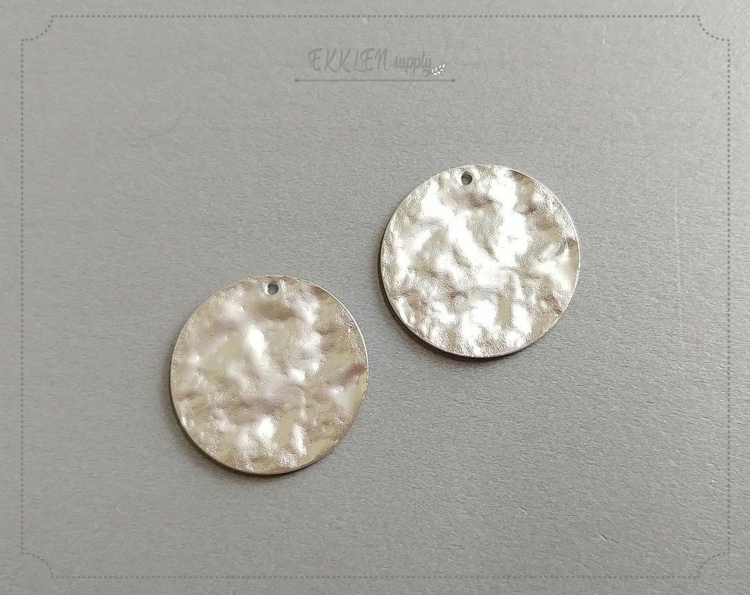 2 PCS - 24mm Matte Silver Plated Brass, Hammered Bumpy Round Coin Charm ...