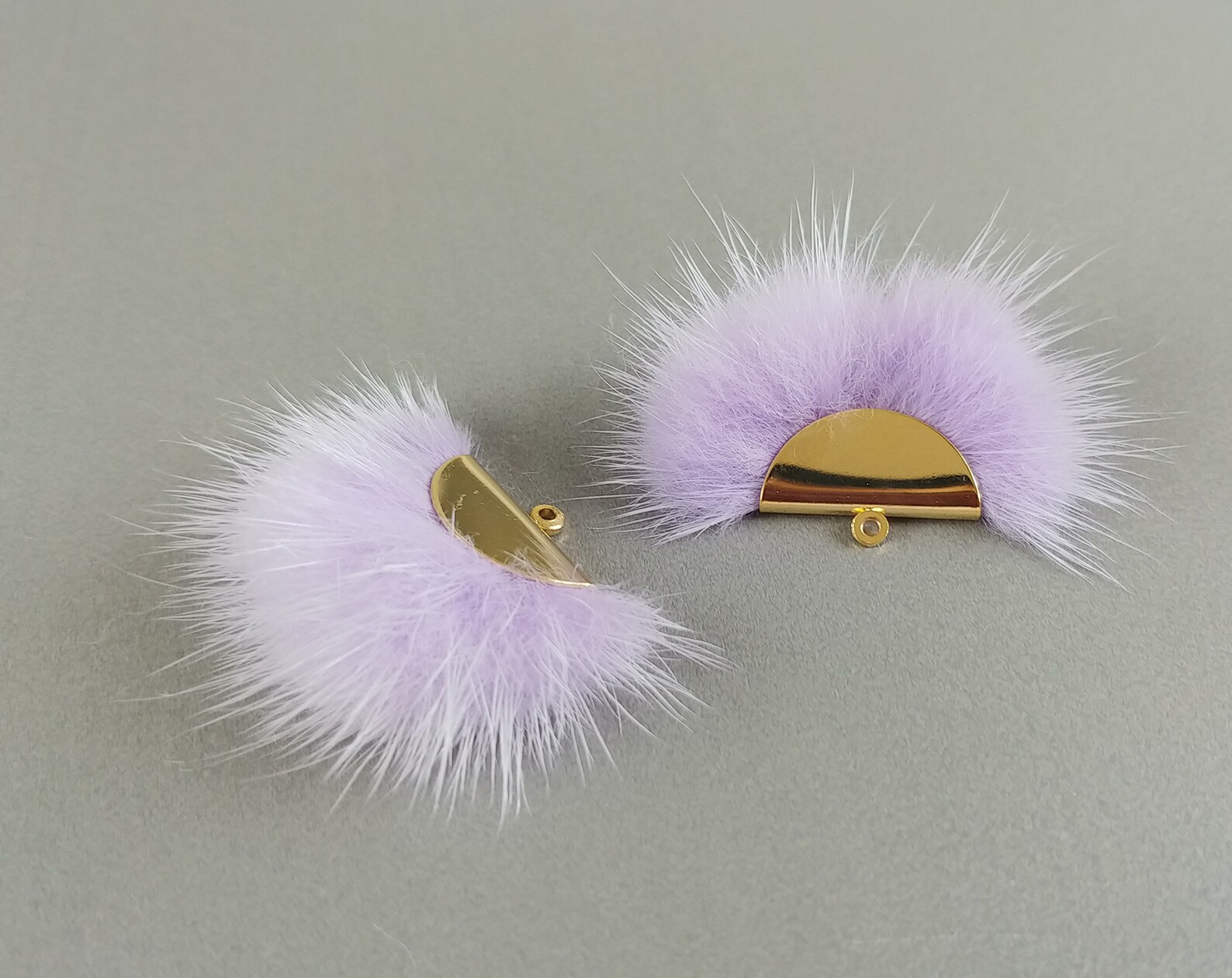 2 PCS - Lavender Real Fur Fan With Semi Circle Cap, Genuine Mink Pom ...