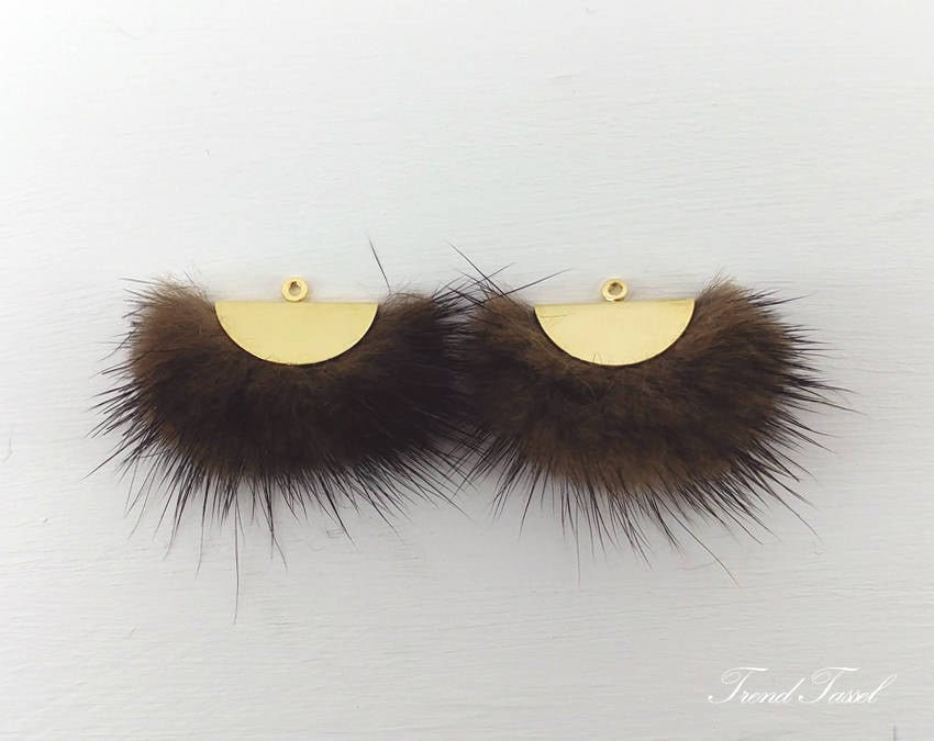 2 PCS - Brown Real Fur Fan With Semi Circle Cap, Genuine Mink Pom Pom ...