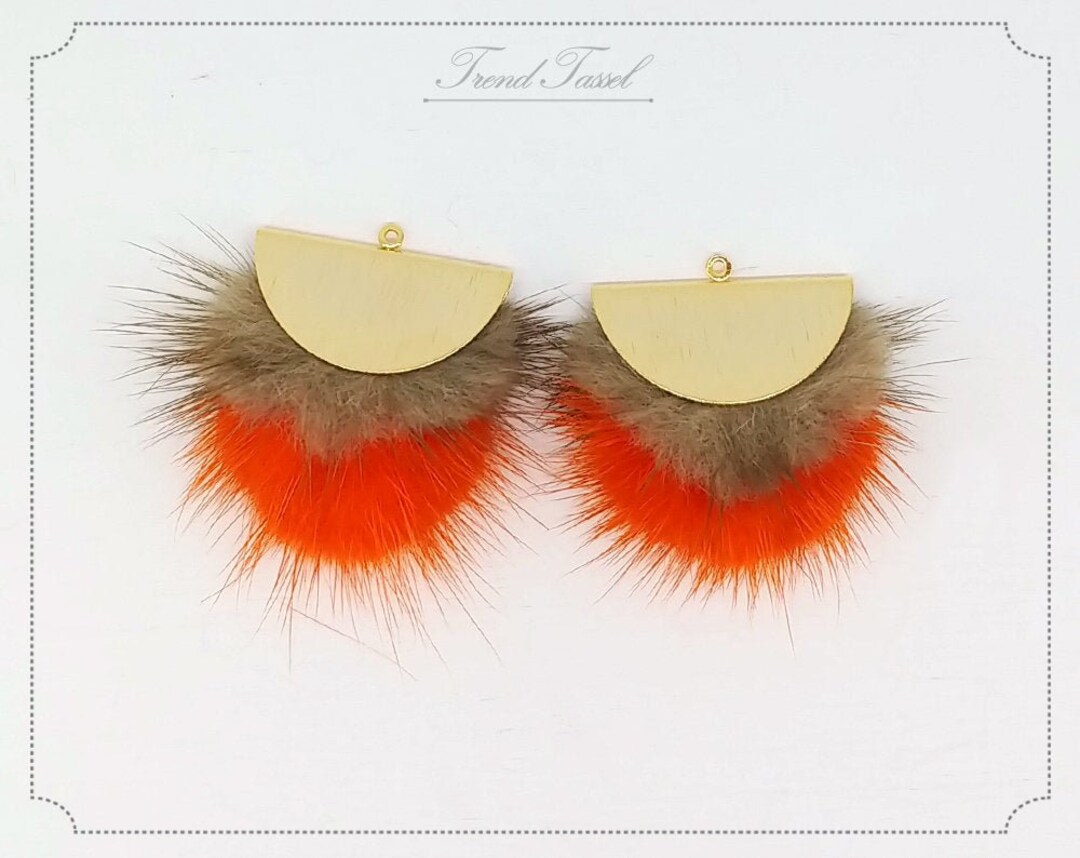 2 Pcs - Double Fur Fan, 40mm Brown & Orange, Naturalr Genuine Mink Pom ...