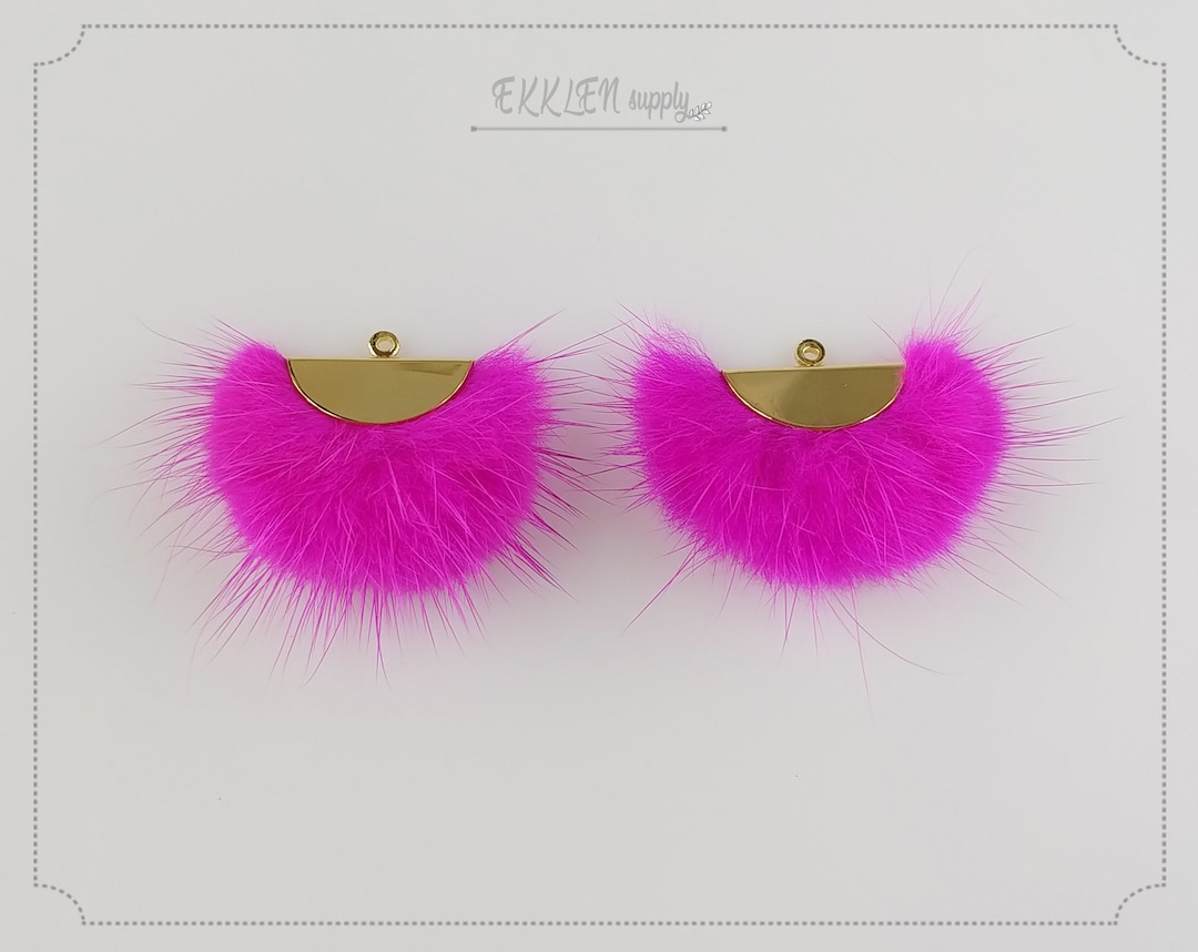 2 PCS - Ruby Real Fur Fan With Semi Circle Cap, Genuine Mink Pom Pom ...