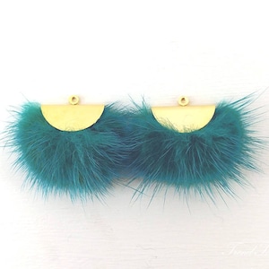 2 PCS - Green Real Fur Fan With Semi Circle Cap, Genuine Mink Pom Pom ...