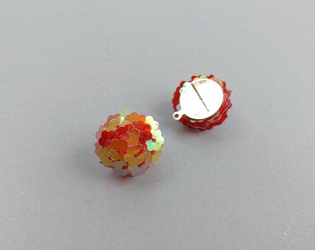 2 PCS - Red, 15mm Sequin Round Stud, Flower Pattern, Post Earrings ...
