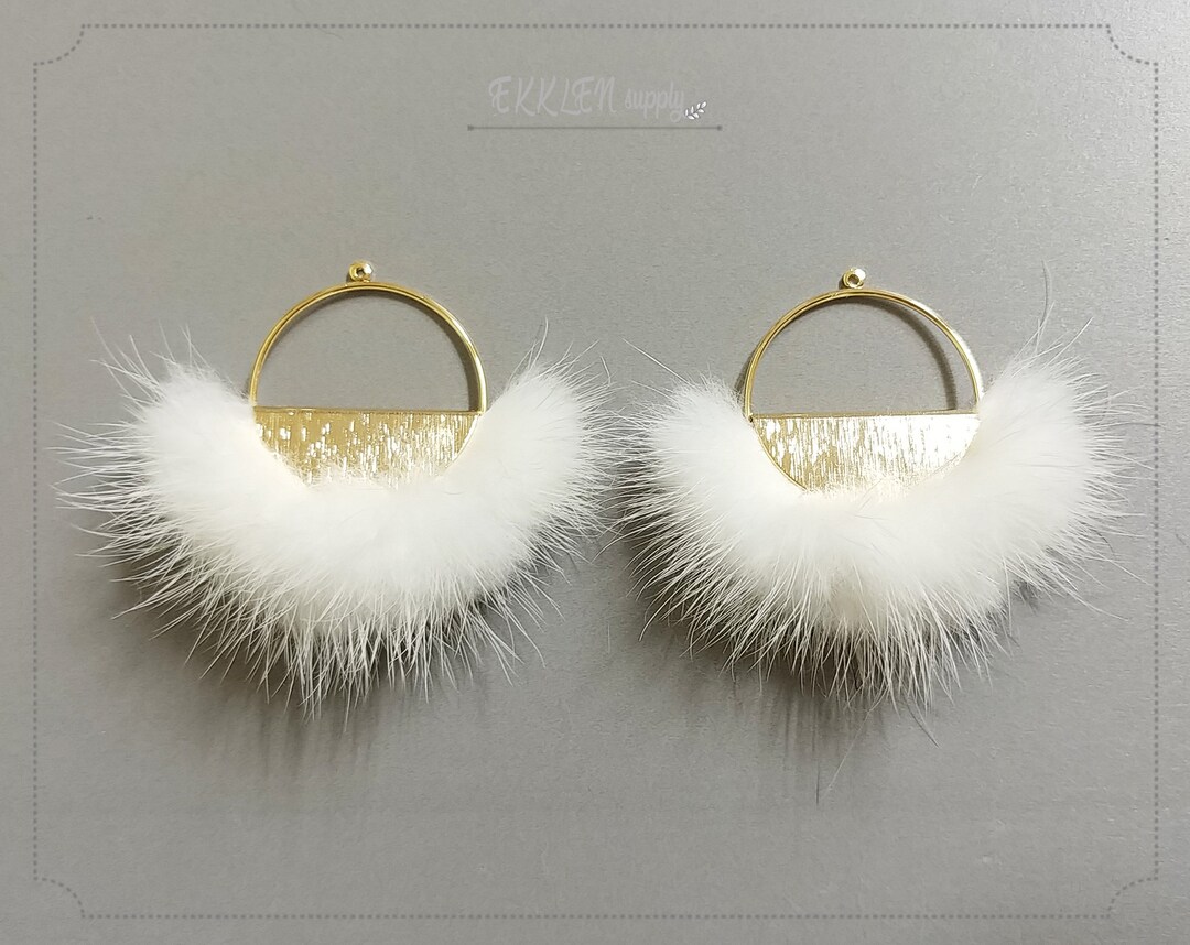 2 Pcs - White, Half Moon Mink Fur Pendant, Natural Genuine Mink Pom Pom ...