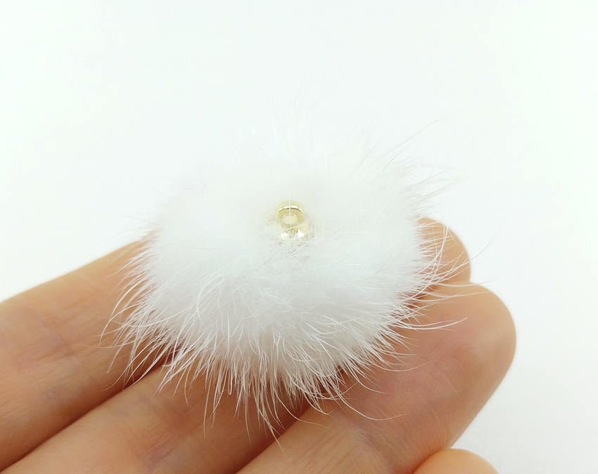 2 PCS - (ring) White, 30mm Mink Fur Ball, Natural Real Genuine Pompom ...