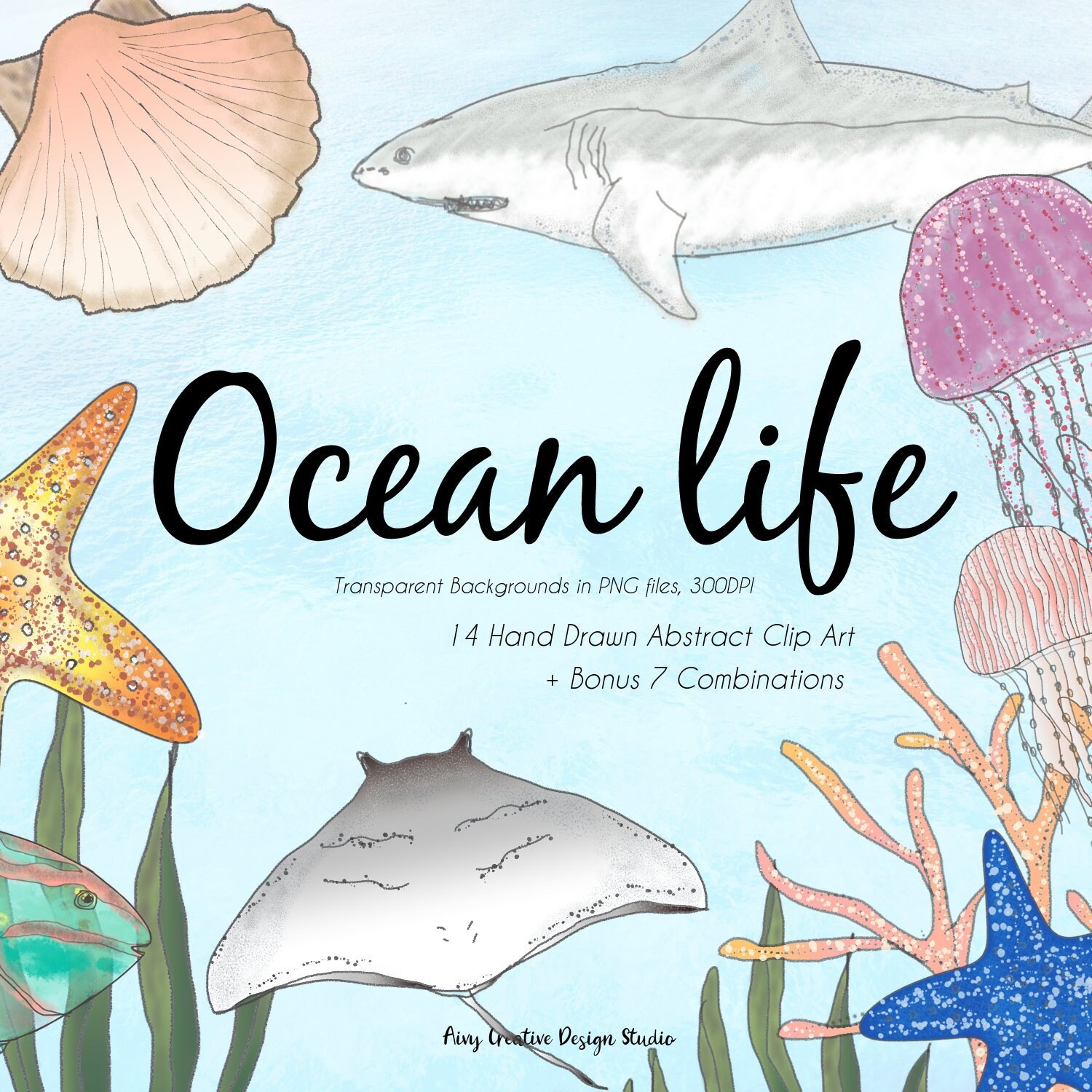 Handdrawn My Ocean Digital Clip Art Bundle Social Media Craft ...