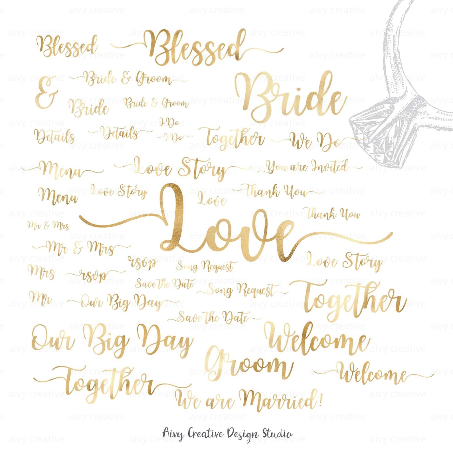 Gold Wedding Words & Text Clipart Overlays Transparent PNG | Etsy