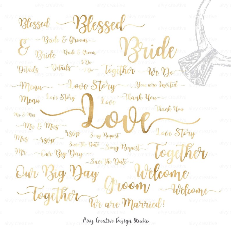 Gold Wedding Words & Text Clipart Overlays Transparent PNG | Etsy