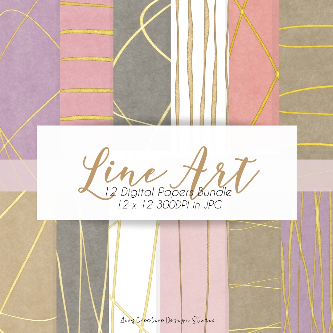 Line Art Artistic Digital Papers Bundle | Gold Foil Line Art | Card ...