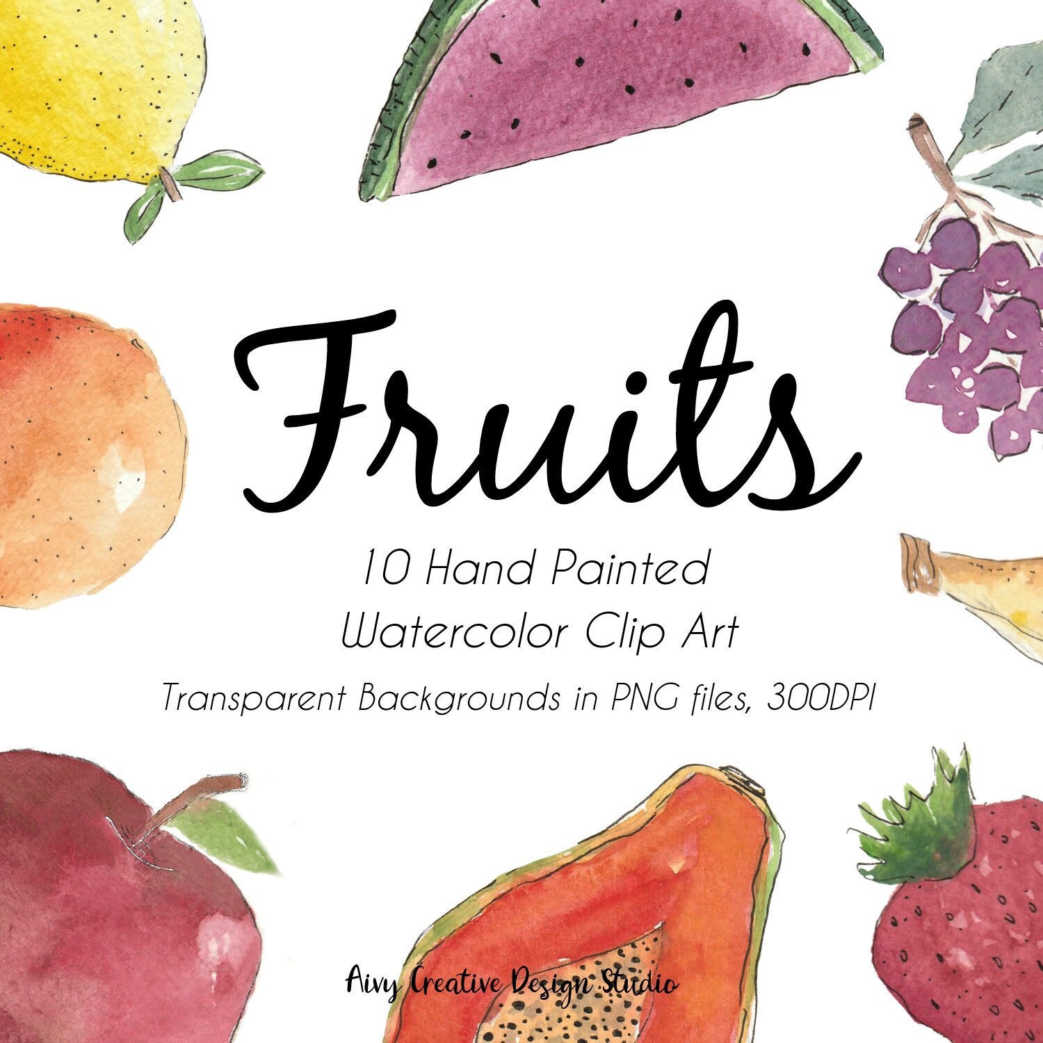 Watercolor Fruits Clip Art Set | Transparent PNG Files (digital File ...