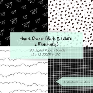 Hand Drawn Minimalist Black & White Minimalist Digital Papers Pack ...