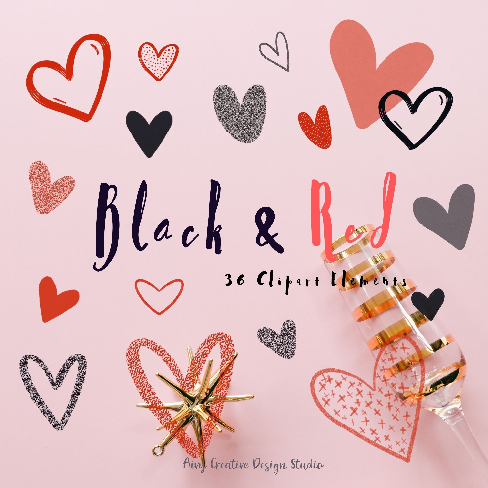 Black and Red Hearts Series Clip Art Set Transparent PNG - Etsy