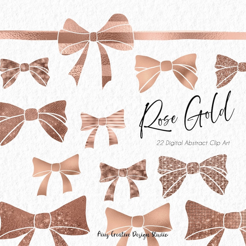 22 Rose Gold Bow and Ribbon Clipart Set Rose Gold Ribbon Rose Gold Bow ...