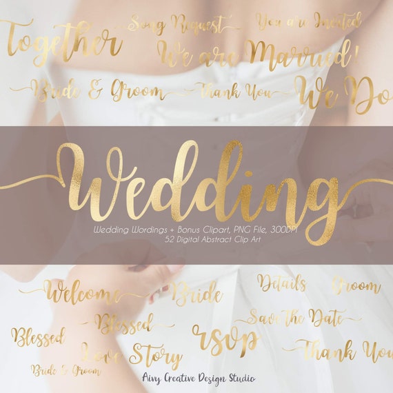 Gold Wedding Words & Text Clipart Overlays Transparent PNG | Etsy