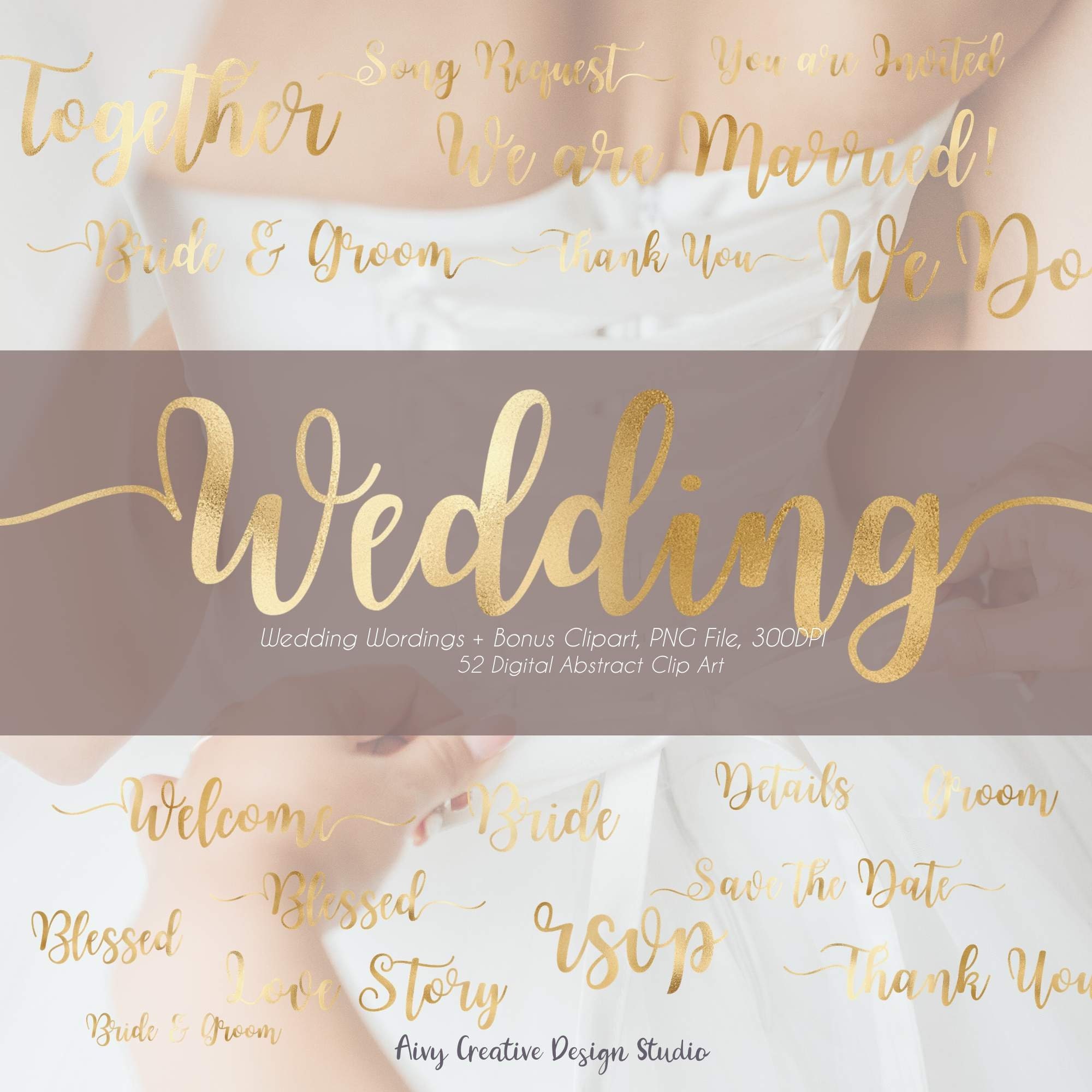 Gold Wedding Words & Text Clipart Overlays Transparent PNG | Etsy