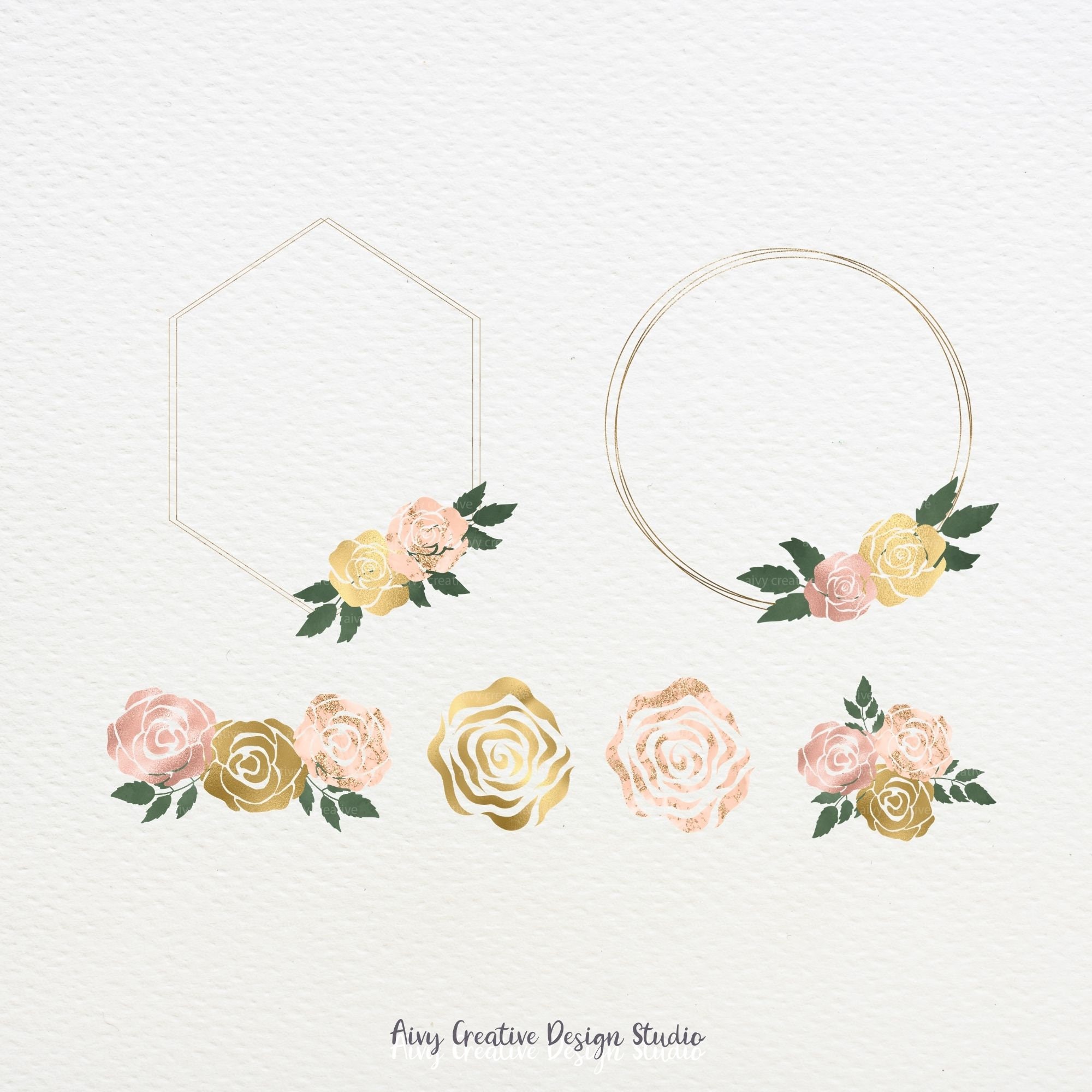 Gold Roses and Rose Gold Clip Art Set Gold Flower Clipart Watecolor ...