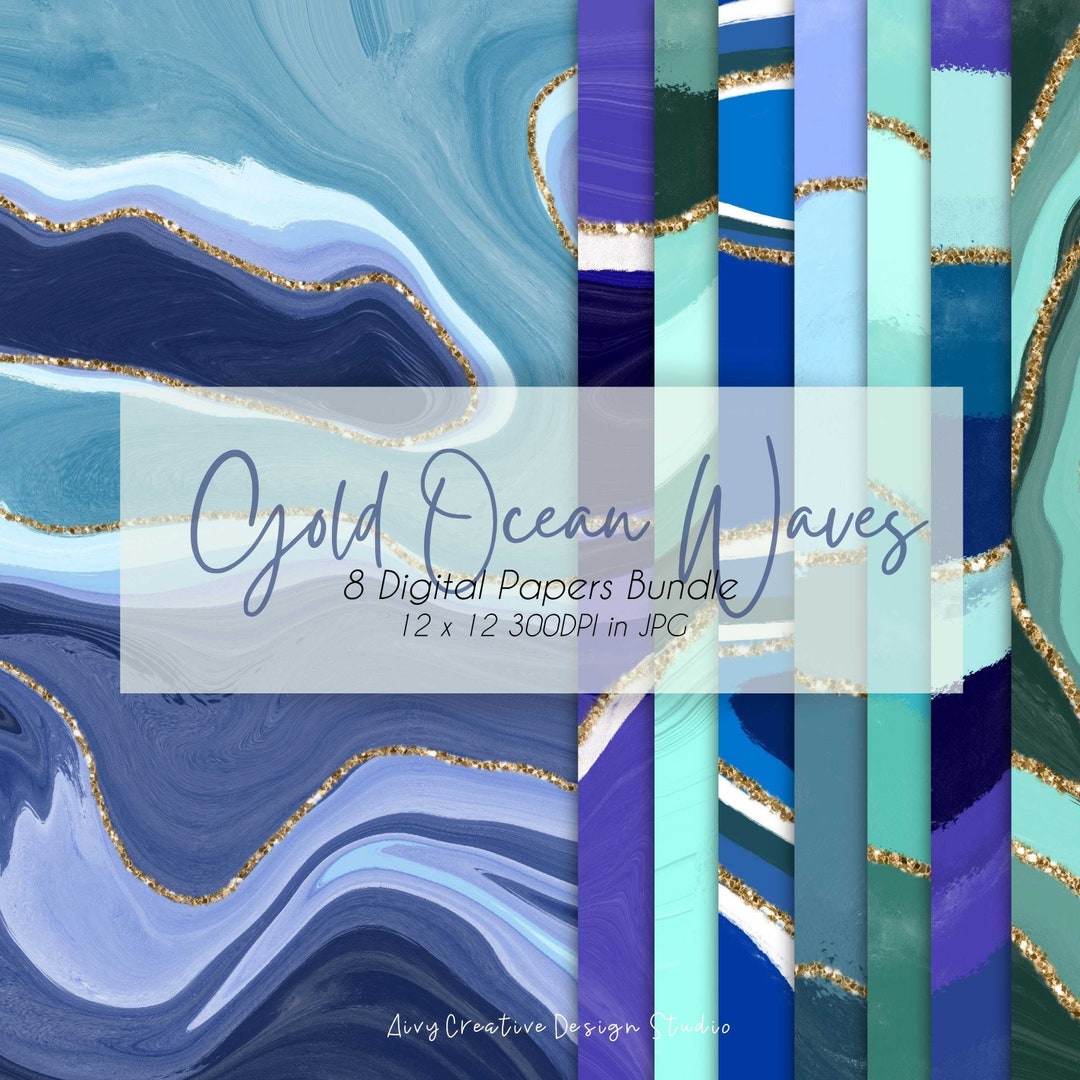 Gold Blue Ocean Waves Digital Paper Pack (12x12, 300dpi) - Etsy
