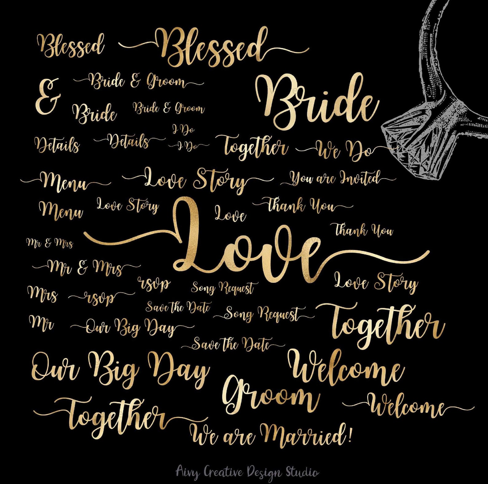 Gold Wedding Words & Text Clipart Overlays Transparent PNG | Etsy