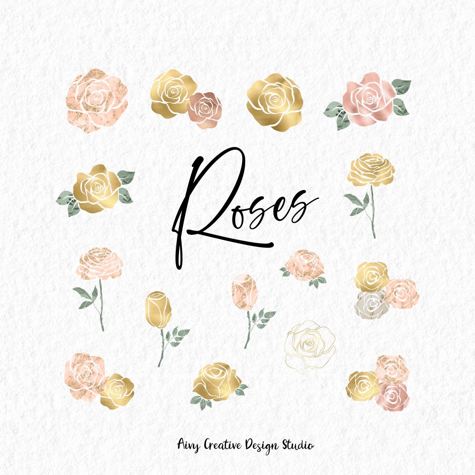 Gold Roses Clip Art | Rose Gold Watercolor Flowers (PNG Files) - Etsy